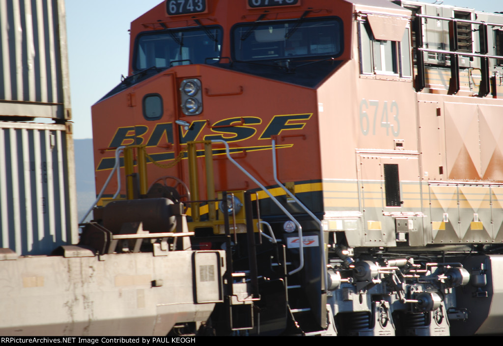 Zoom in shot of A Very Brand New BNSF 6743 as the Lead DPU with her Sister BNSF 6744 as the 2d ...